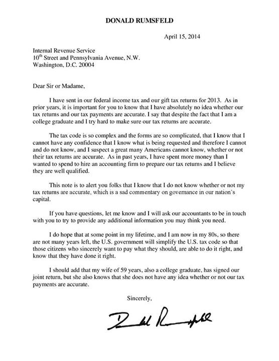 Donald Rumsfeld’s Annual Letter to the IRS
